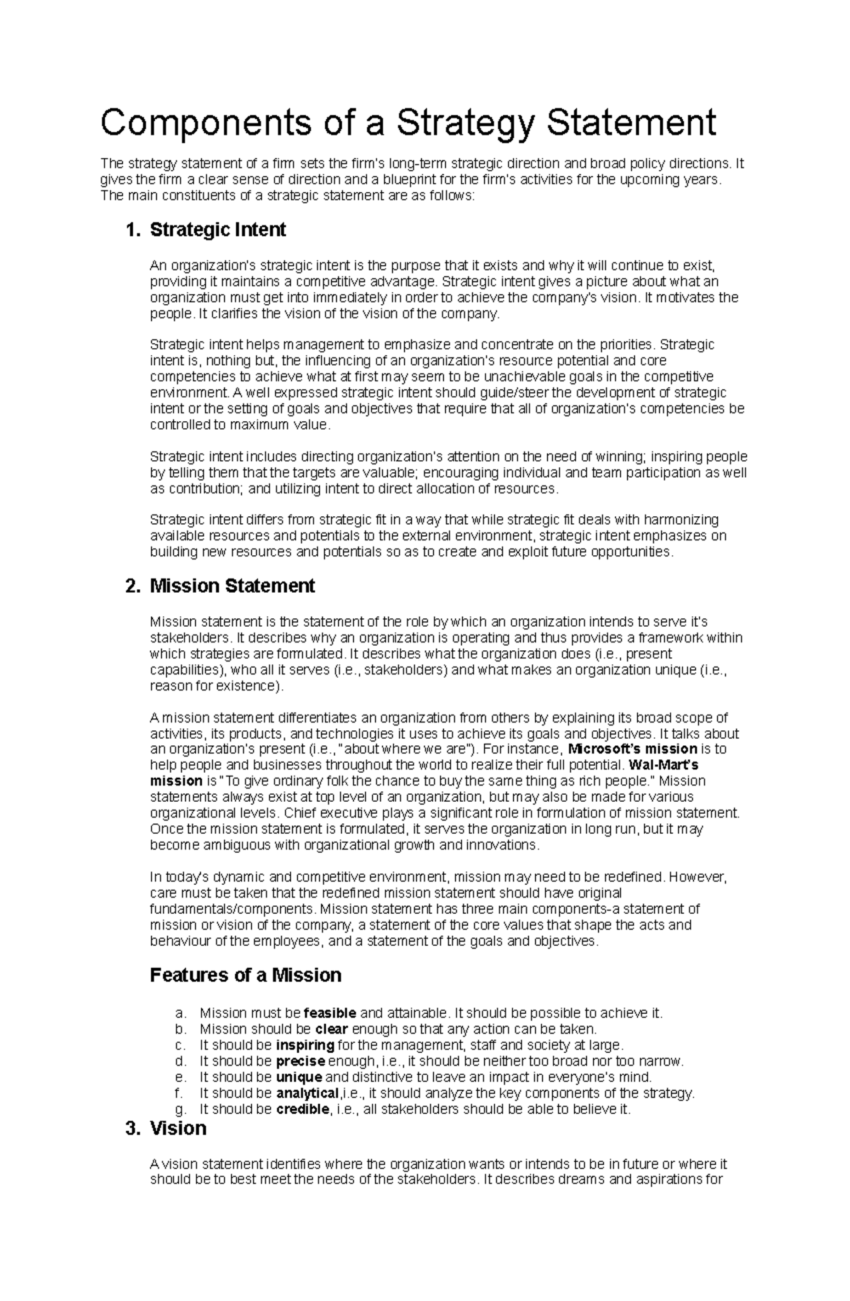 Strategic Mangement Lecture - Components of a Strategy Statement The ...