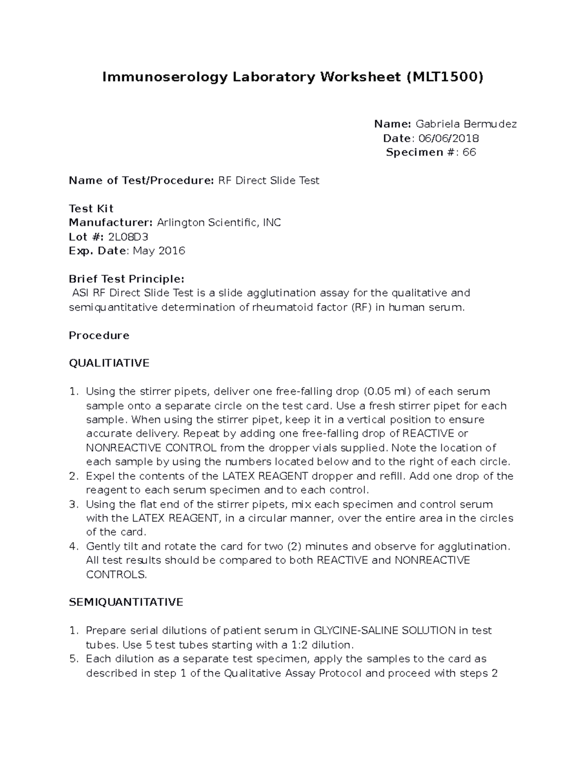 RF report - Immunoserology Laboratory Worksheet (MLT1500) Name ...