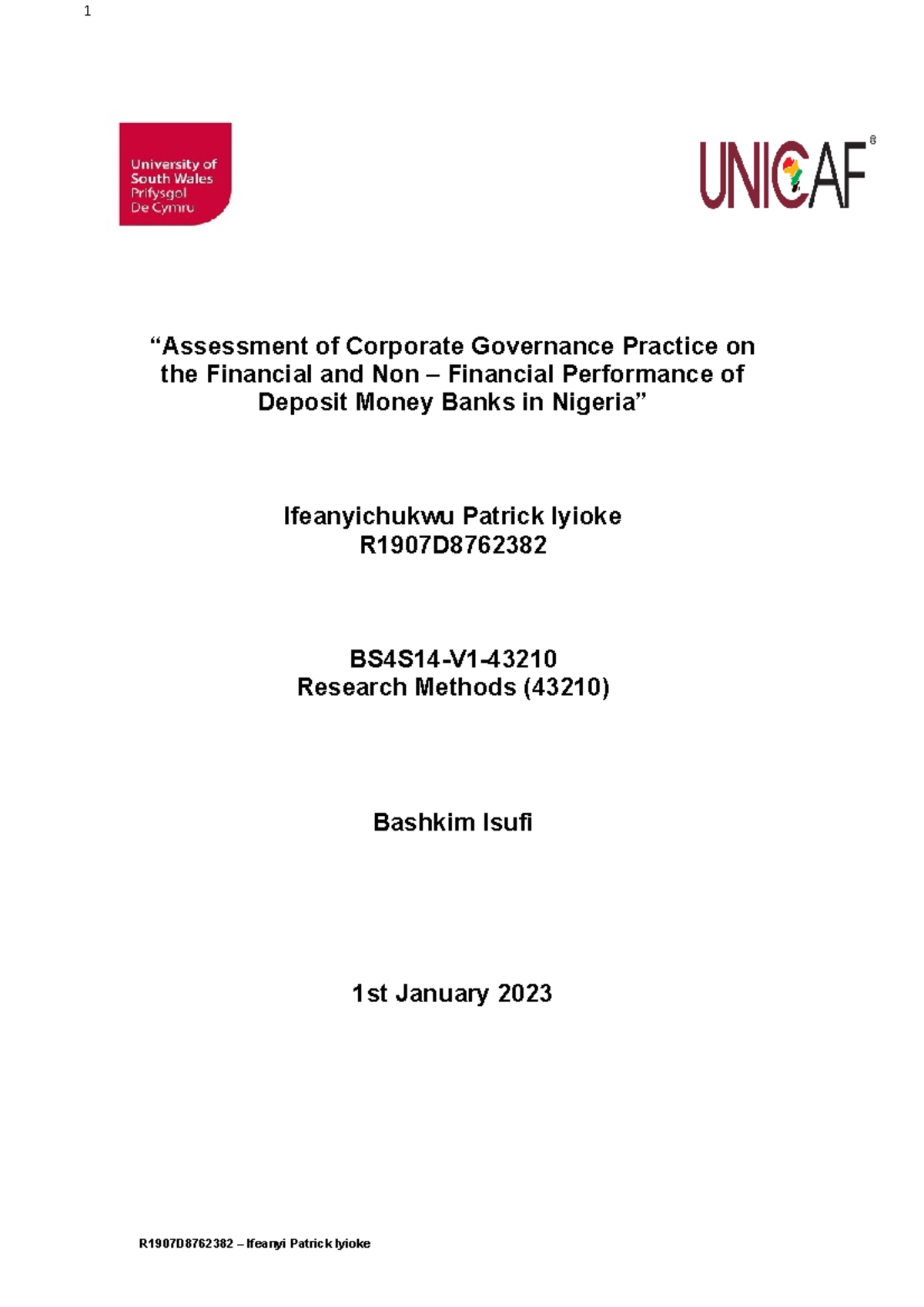 Assignment 1 - Research Methods - “Assessment of Corporate Governance ...