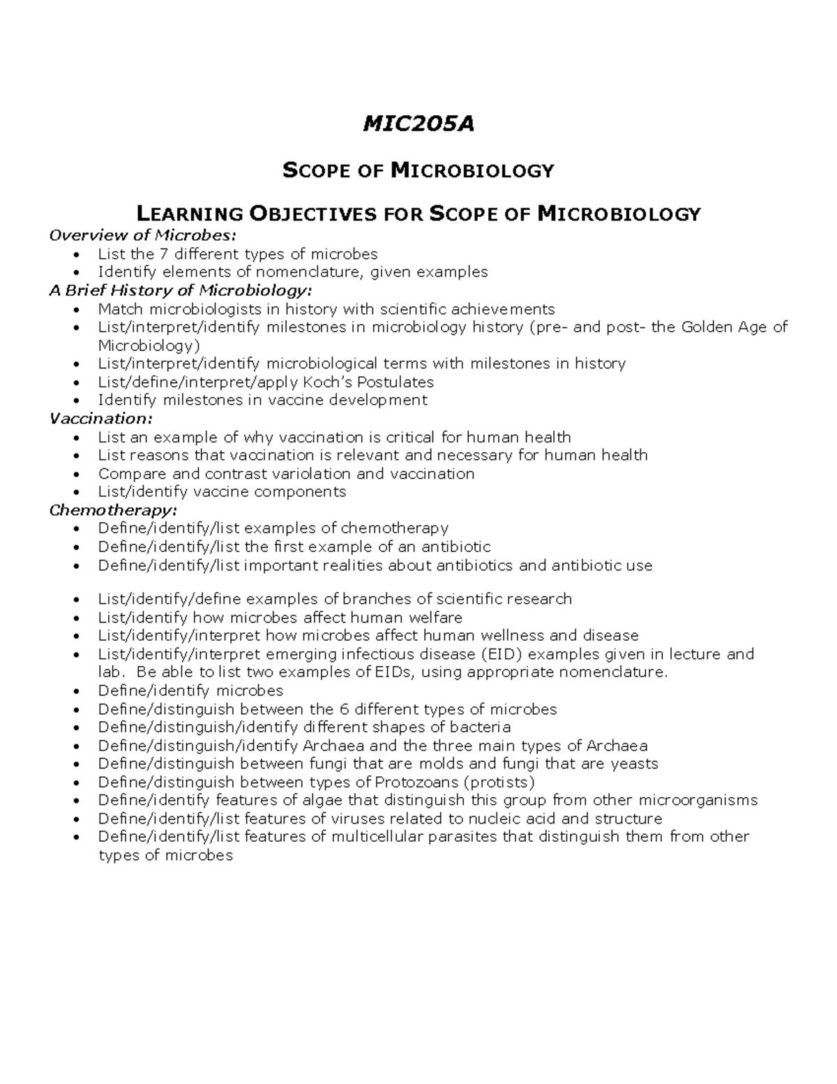 MIC Chapter 1 - MIC205A SCOPE OF MICROBIOLOGY LEARNING OBJECTIVES FOR SCOPE OF MICROBIOLOGY ...