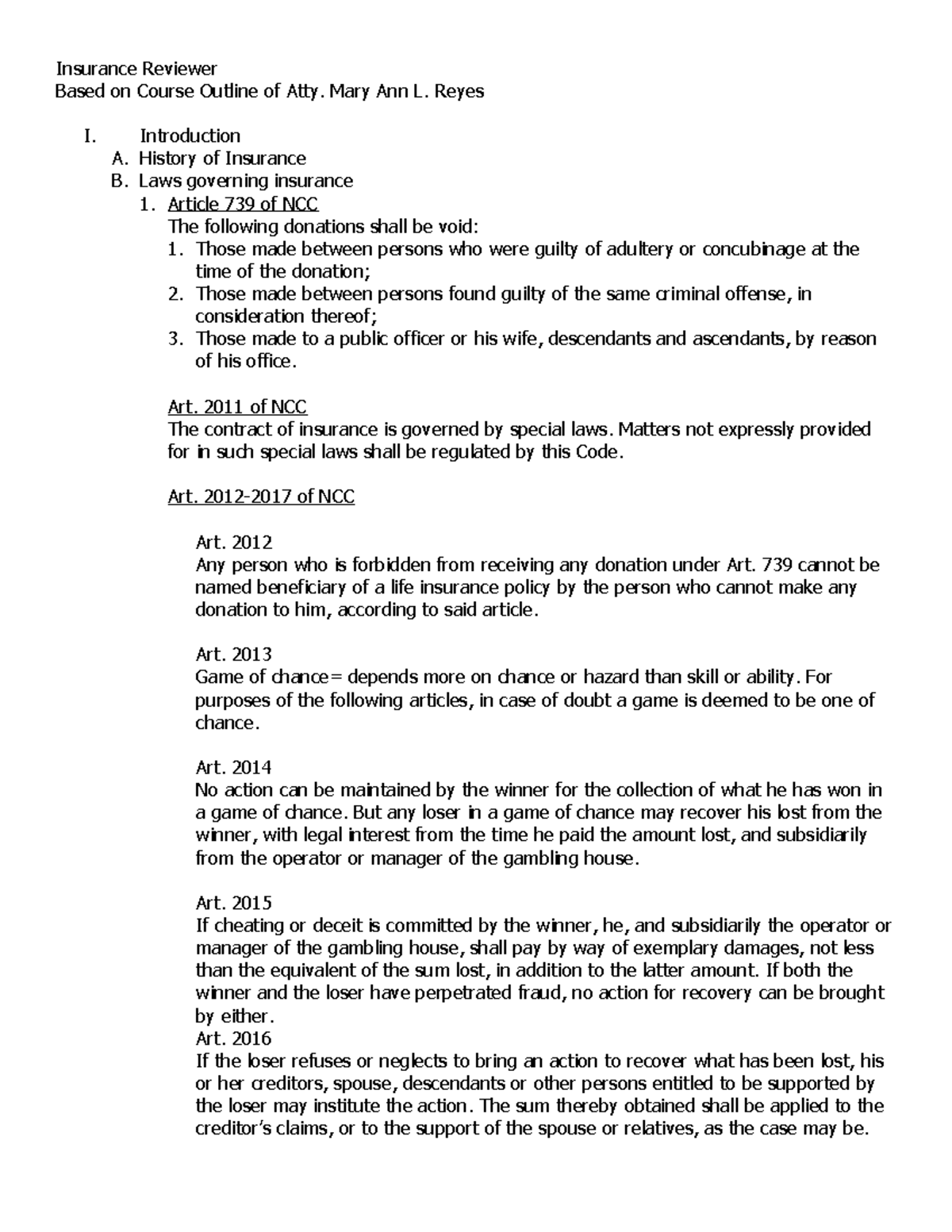 Insurance Reviewer Based on Course Outline of Atty Reyes - Mary Ann L ...