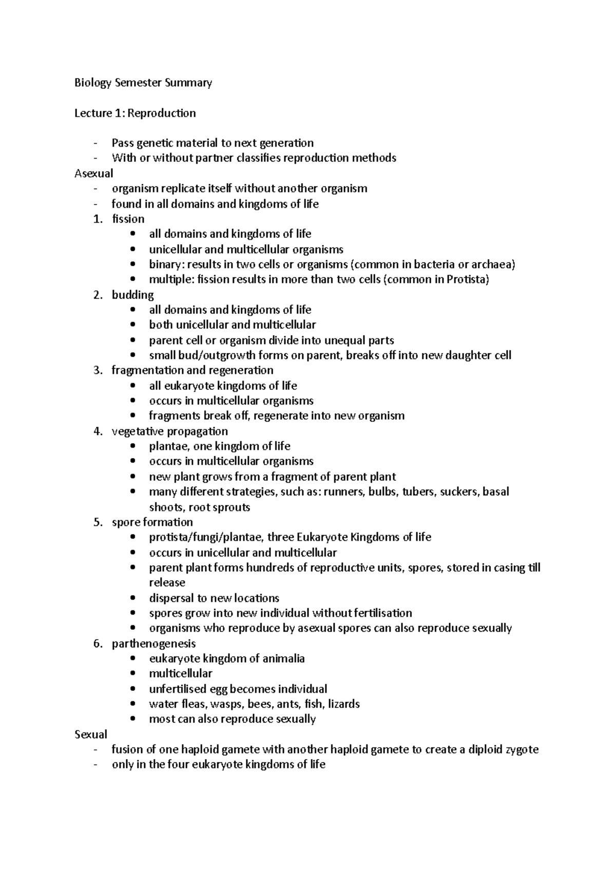 Biology Semester Summary - BIOL10011 - Unimelb - Studocu