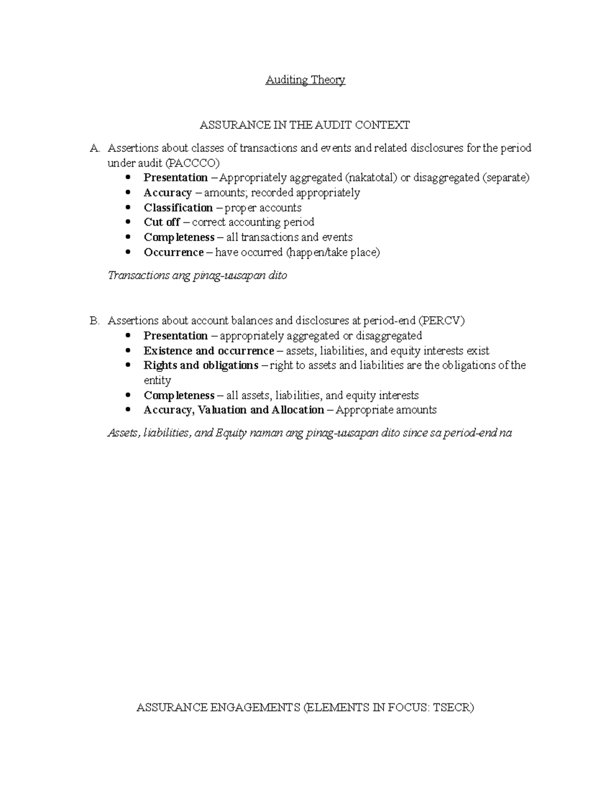Auditing Theory - notes - Auditing Theory ASSURANCE IN THE AUDIT ...