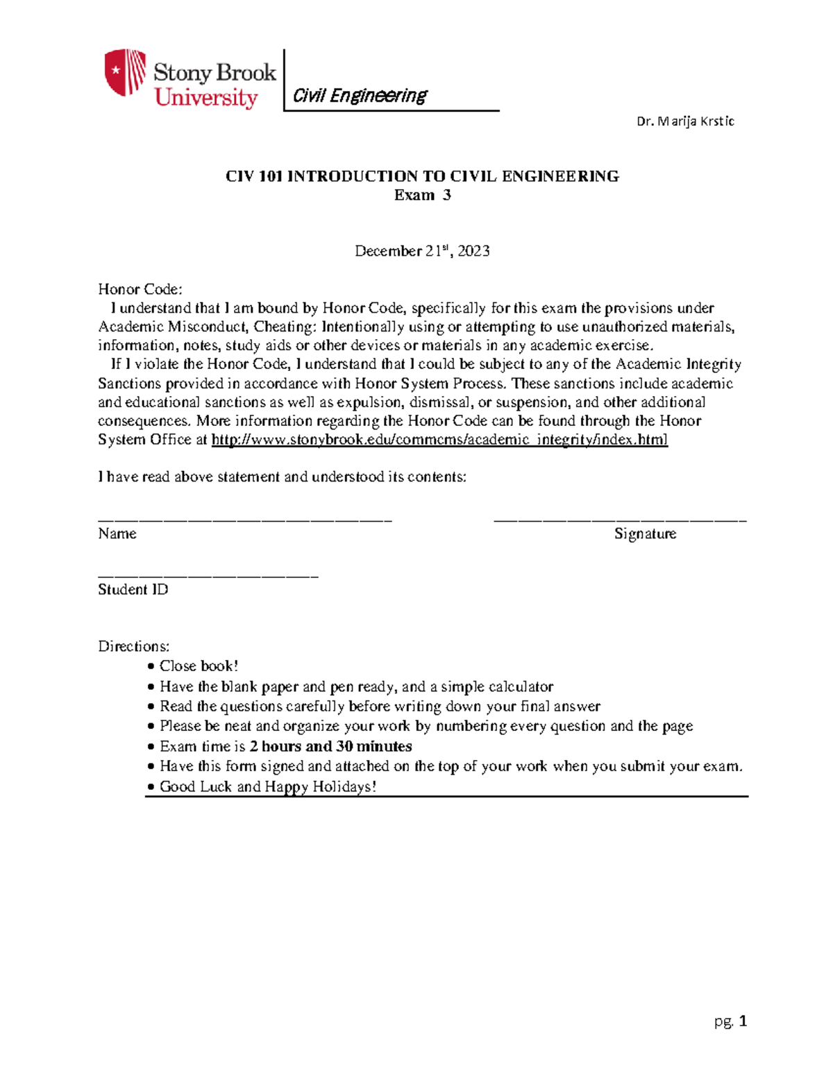 CIV-101-Exam-No.-3-Fall23- Solution - Civil Engineering Dr. Marija Krstic CIV 101 INTRODUCTION ...
