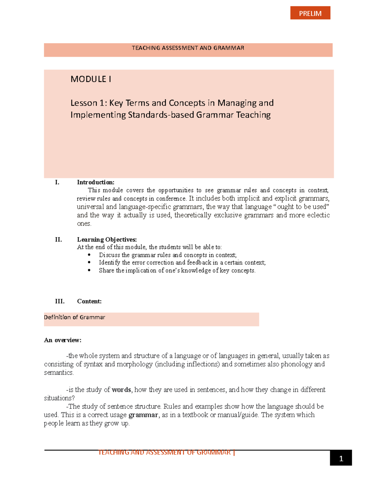 Teaching and Assessment of Grammar - MODULE I Lesson 1: Key Terms and ...