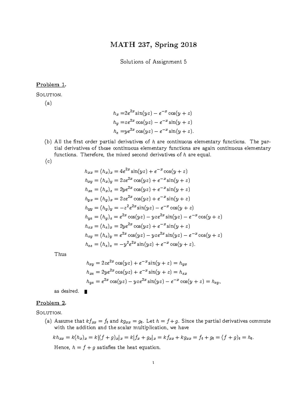 Math237-sol05 - Assignment Solution - MATH 237, Spring 2018 Solutions of Assignment 5 Problem 1 ...