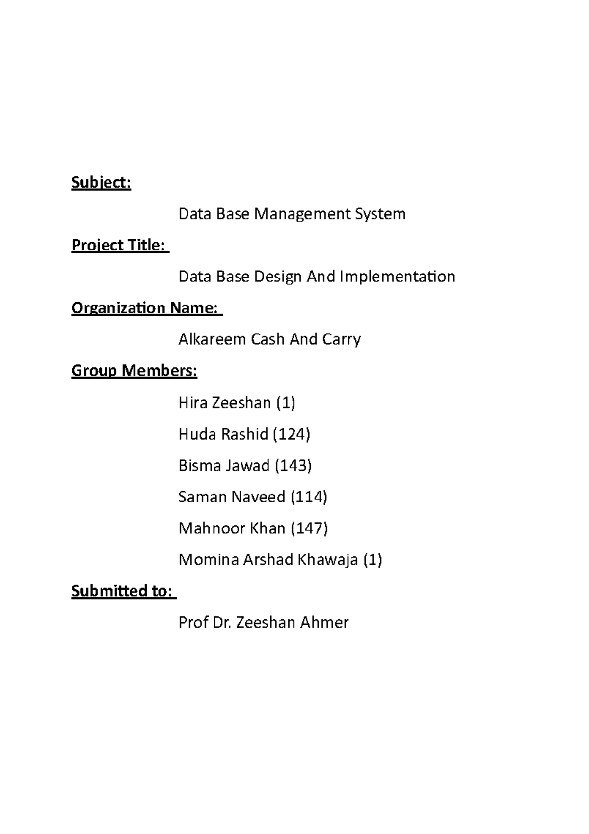 Dbms - class work - Subject: Data Base Management System Project Title ...