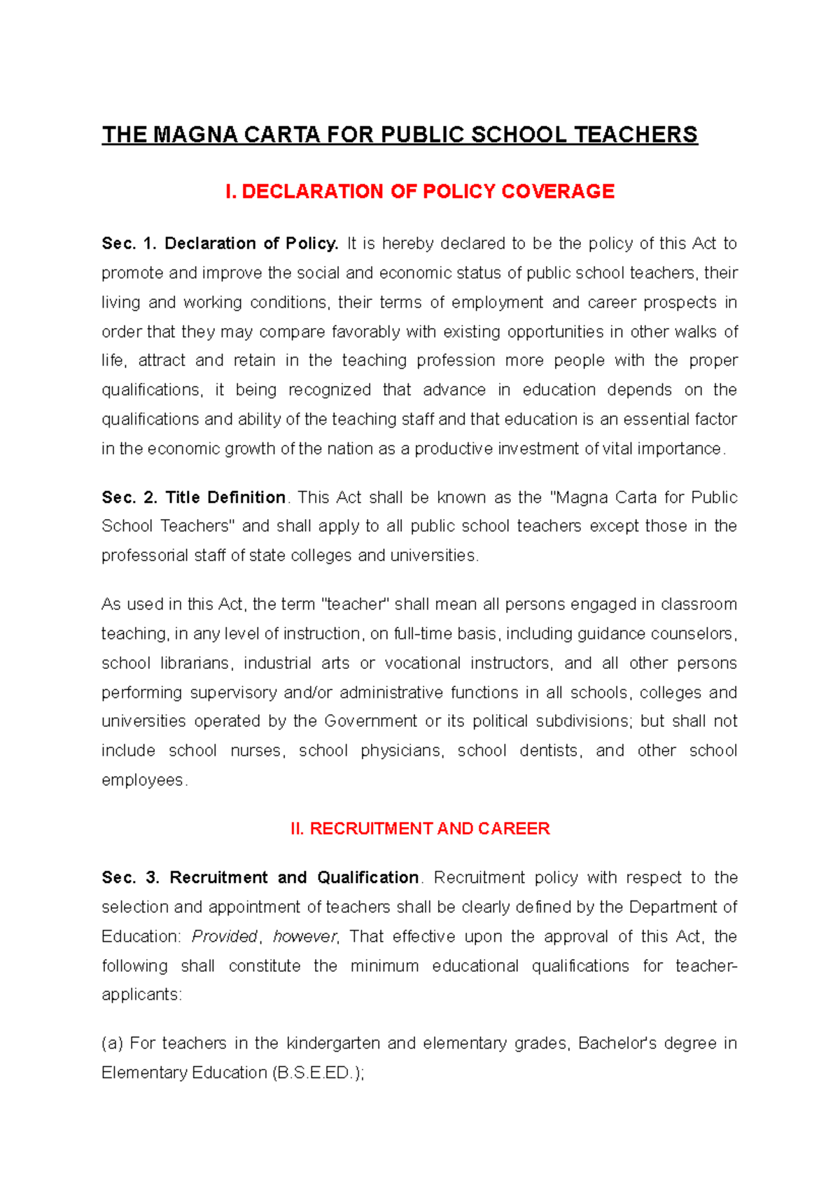 THE Magna Carta FOR Public School Teachers Handouts - THE MAGNA CARTA ...