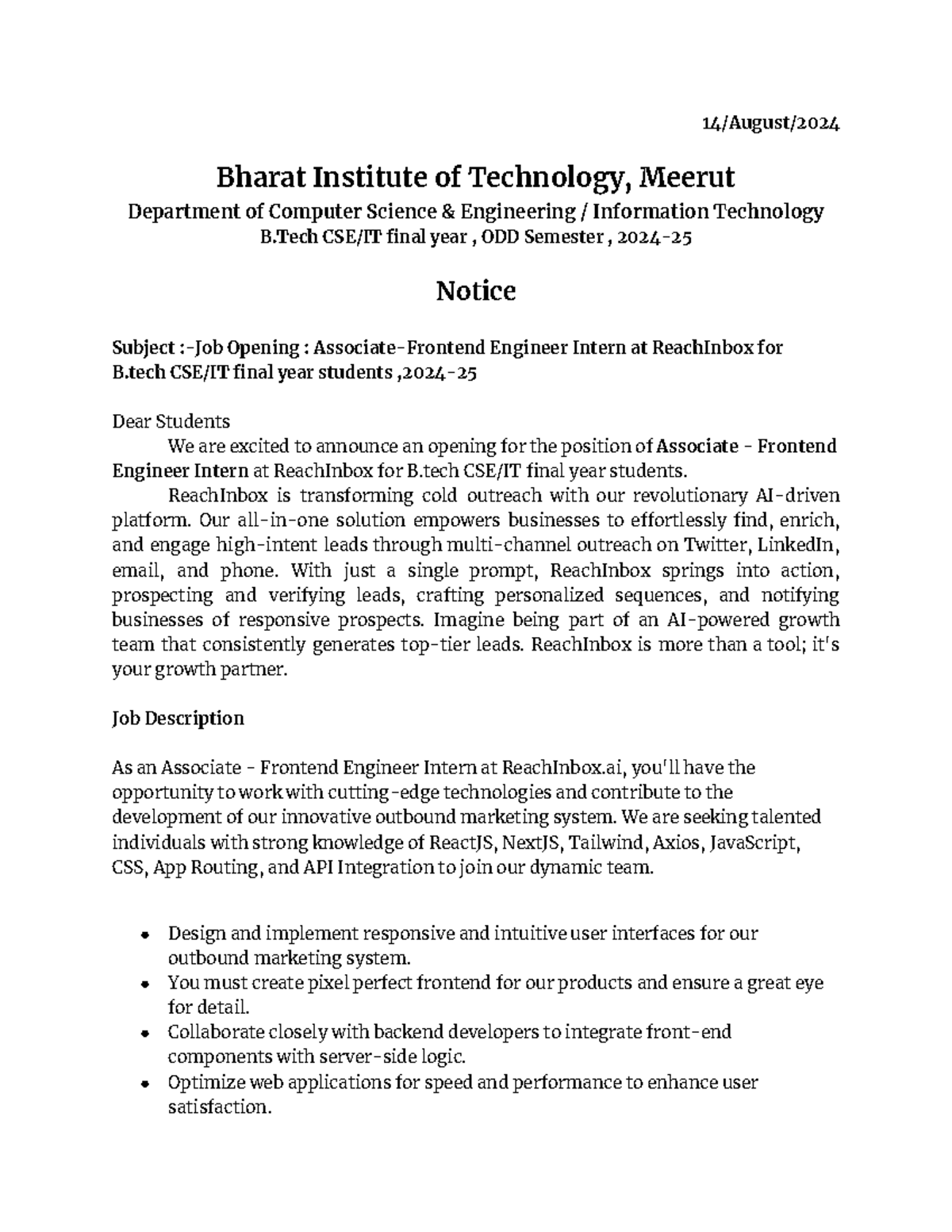 Associate-Frontend Engineer Intern at Reach Inbox for B.tech Cseit final year students ,2024-25 ...