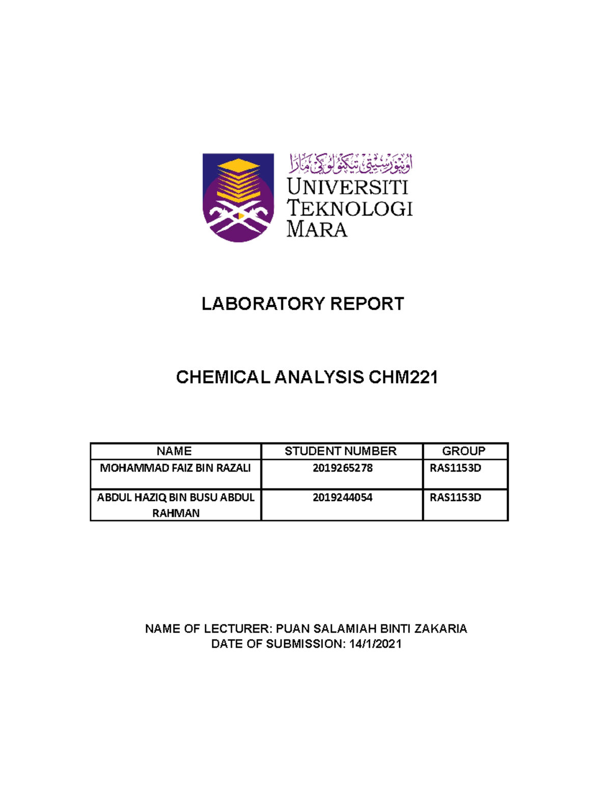 CHM221 LAB 1 - Feel free to see it! - LABORATORY REPORT CHEMICAL ...