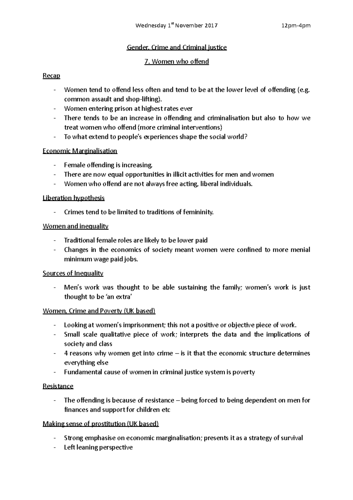 Notes GCCJ 1.11.17 - Gender, Crime and Criminal justice 7. Women who ...
