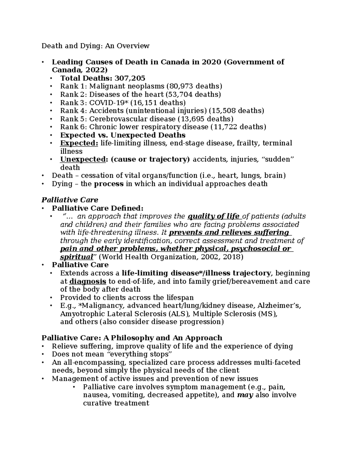 Death and Dying - notes - Death and Dying: An Overview Leading Causes ...