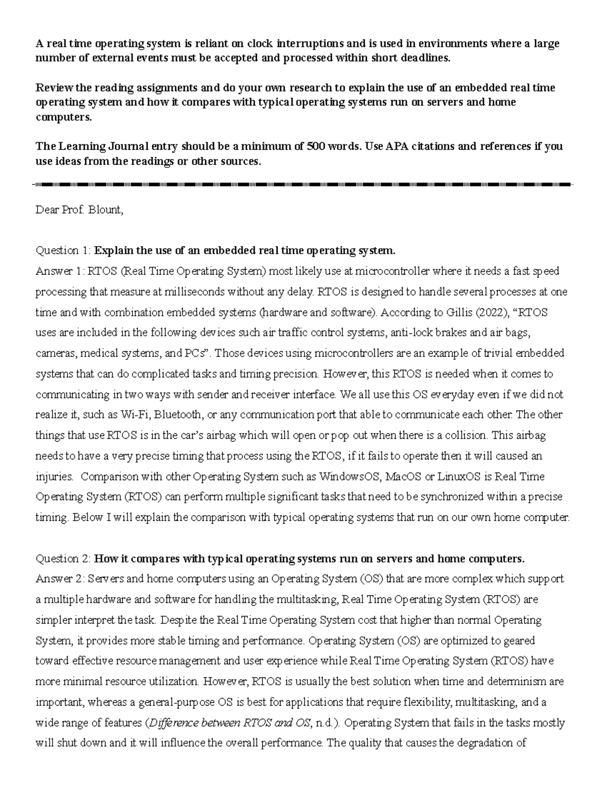 Unit 1 - Learning Journal - A real time operating system is reliant on ...