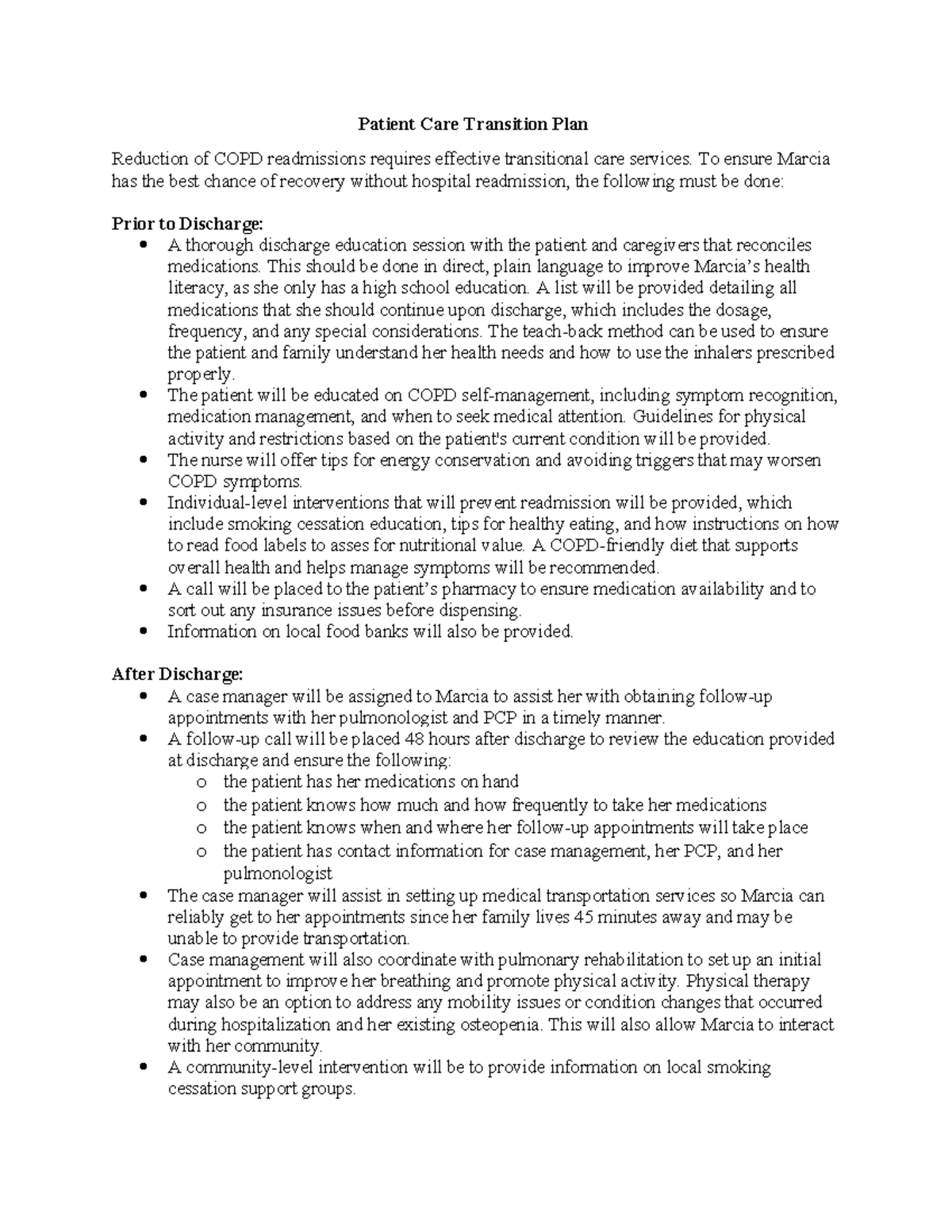 D028 Pt care transisiton plan - Patient Care Transition Plan Reduction ...