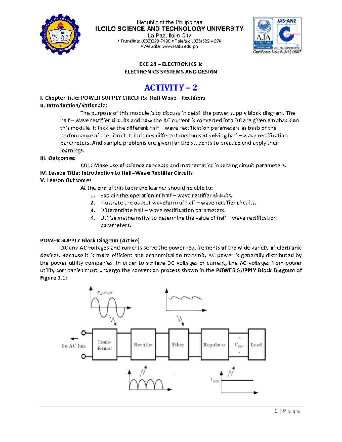 ECE26 Laboratory Activity 2 - ILOILO SCIENCE AND TECHNOLOGY UNIVERSITY ...