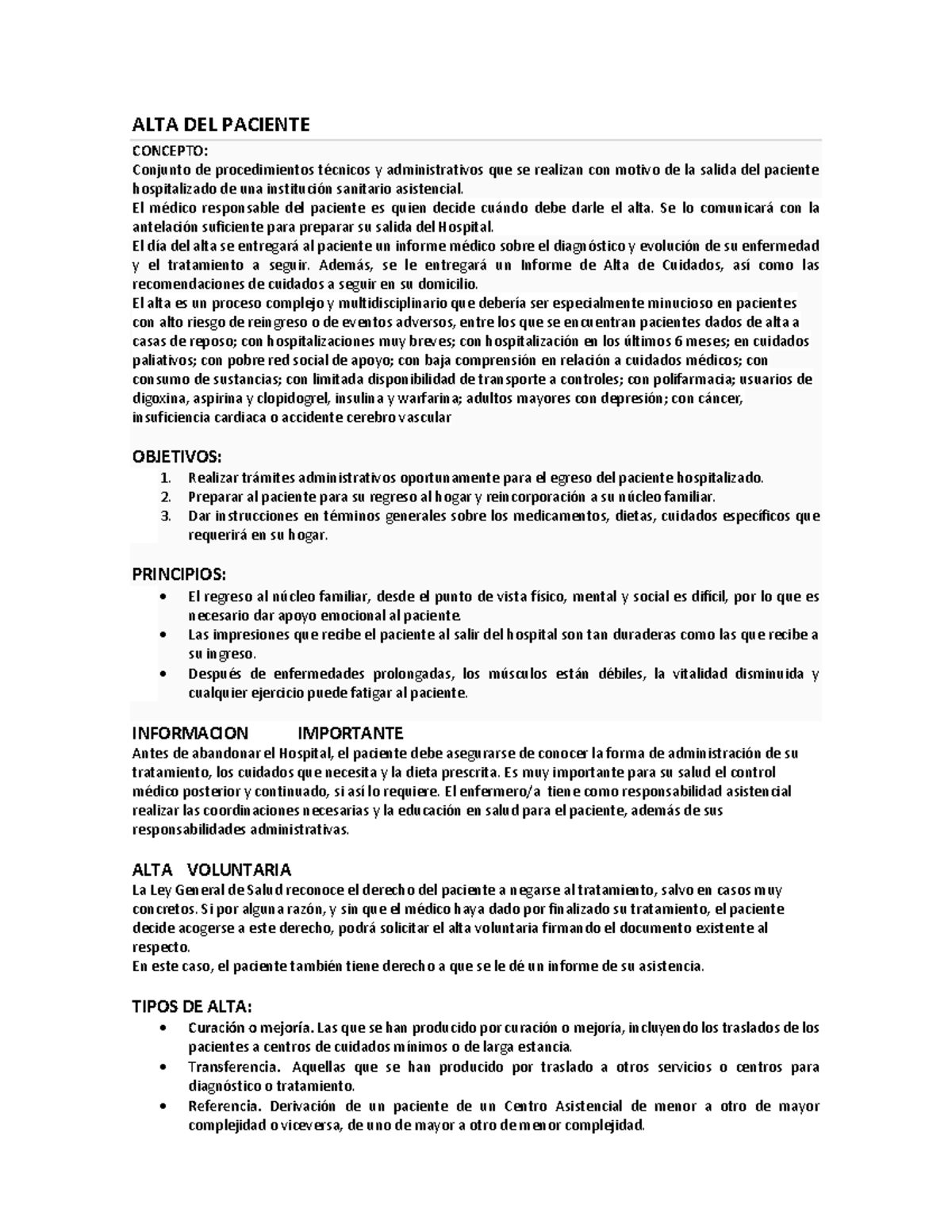 ALTA DEL Paciente (1) - cuidado - ALTA DEL PACIENTE CONCEPTO: Conjunto ...