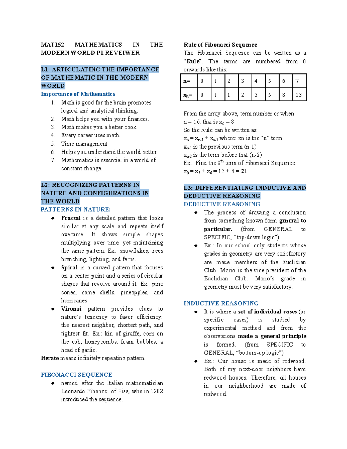 MAT152-P1- Reviewer - MAT 152 - MAT152 MATHEMATICS IN THE MODERN WORLD ...