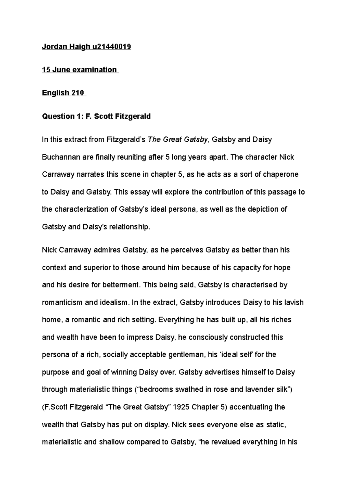 J Haigh Fitzgerald exam u21440019 - Jordan Haigh u 15 June examination ...