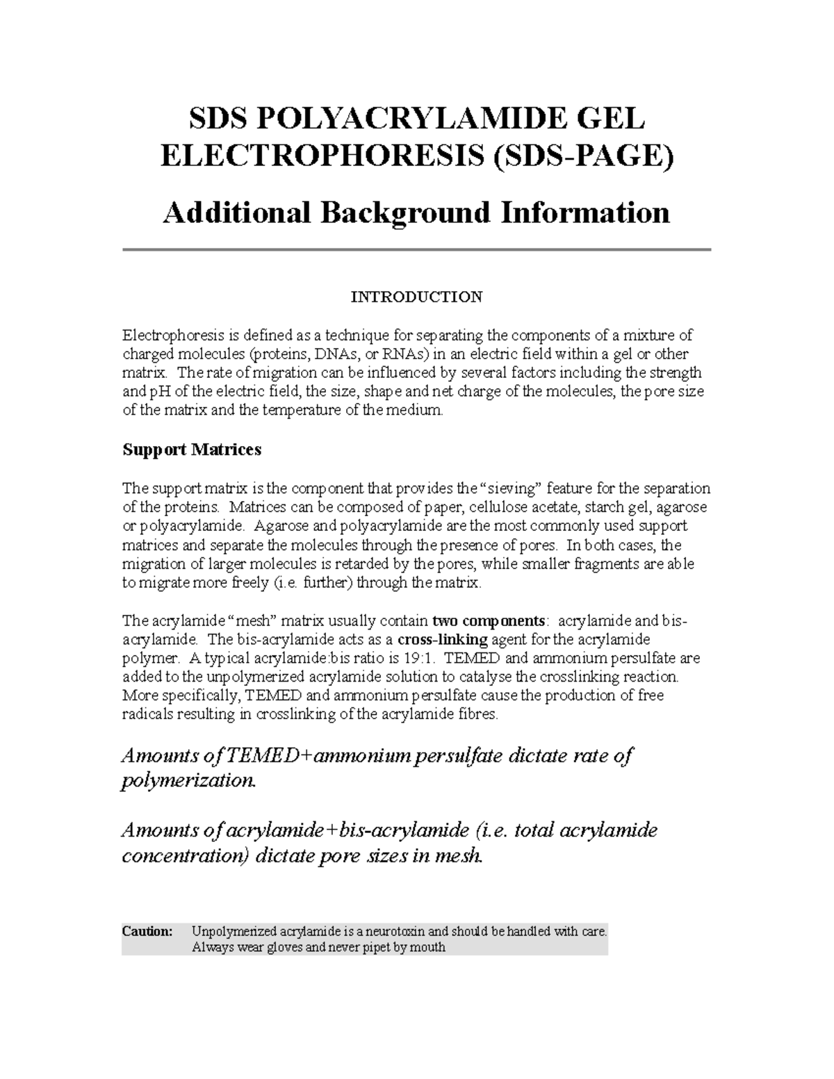 SDS-PAGE Background - SDS protocol - SDS POLYACRYLAMIDE GEL ...