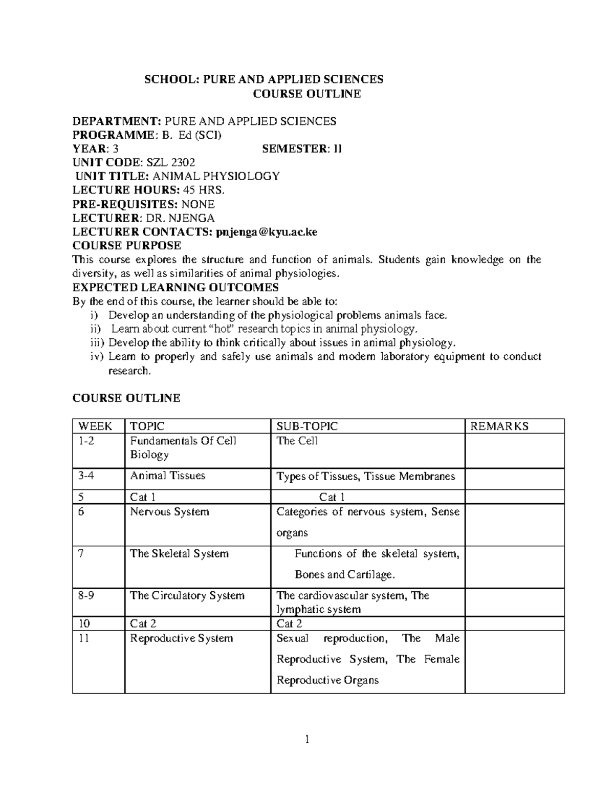 SZL 2302 Animal physiology - SCHOOL: PURE AND APPLIED SCIENCES COURSE ...