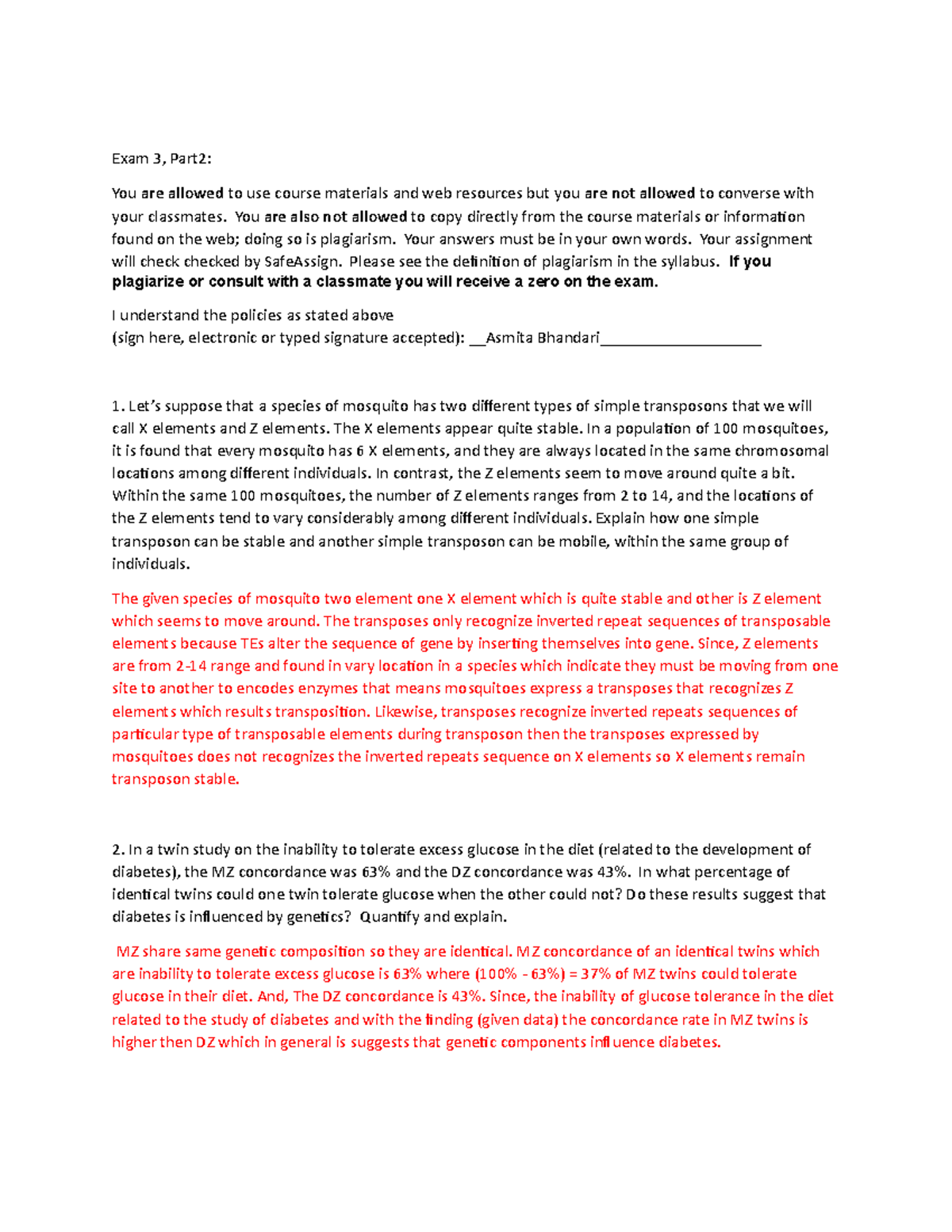 BIOL 309 Exam 3 Part 2 - Exam 3, Part2: You are allowed to use course ...