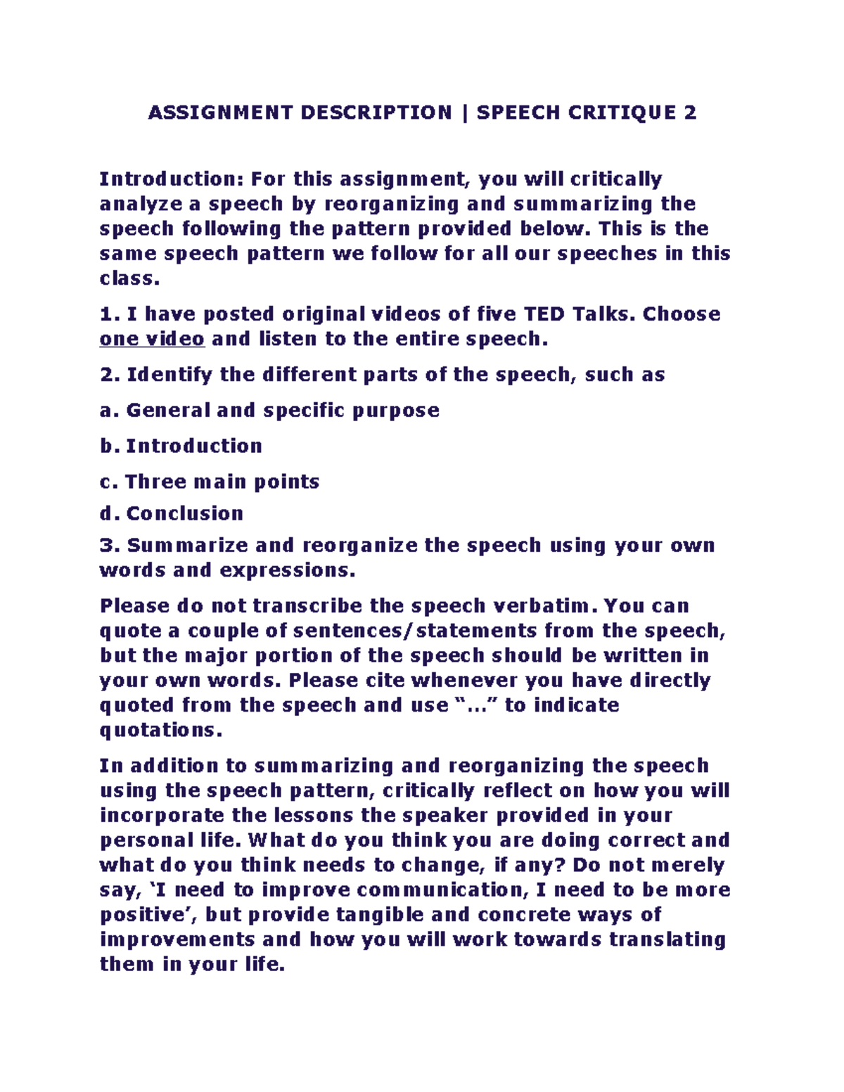 Assignment Description Speech Critique 2 - ASSIGNMENT DESCRIPTION ...