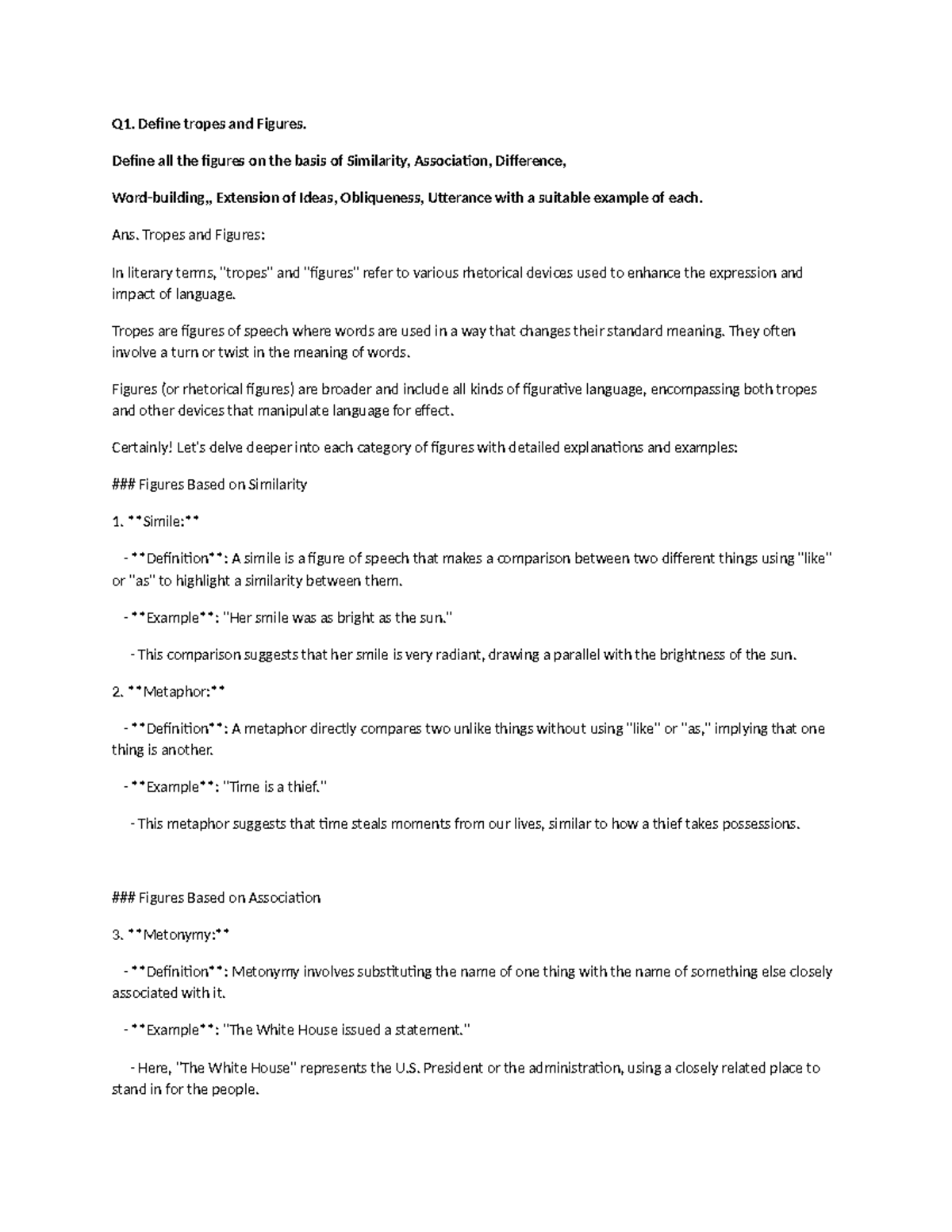 part of creative - Q1. Define tropes and Figures. Define all the ...