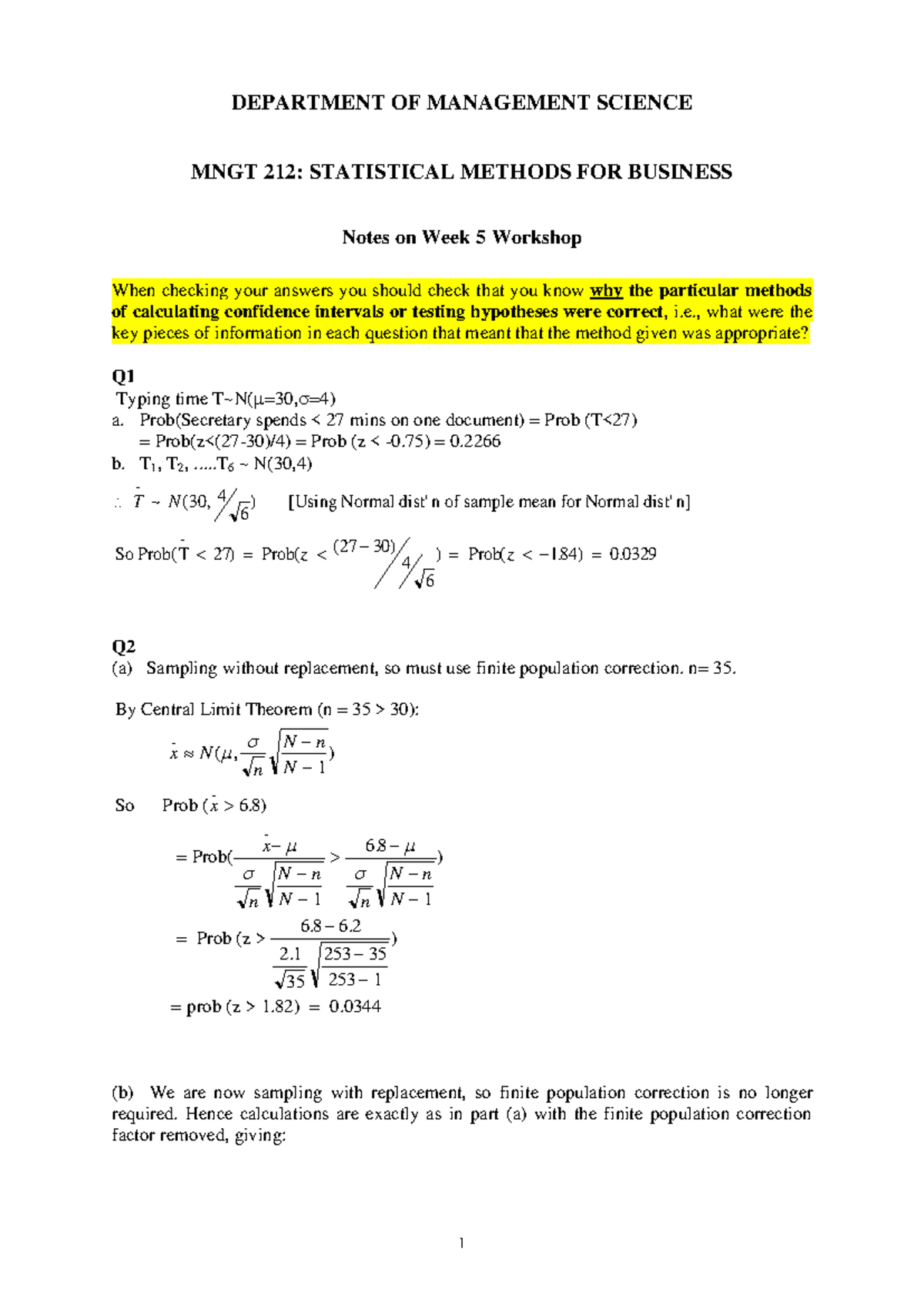 W5 Solutions and ans - DEPARTMENT OF MANAGEMENT SCIENCE MNGT 212 ...