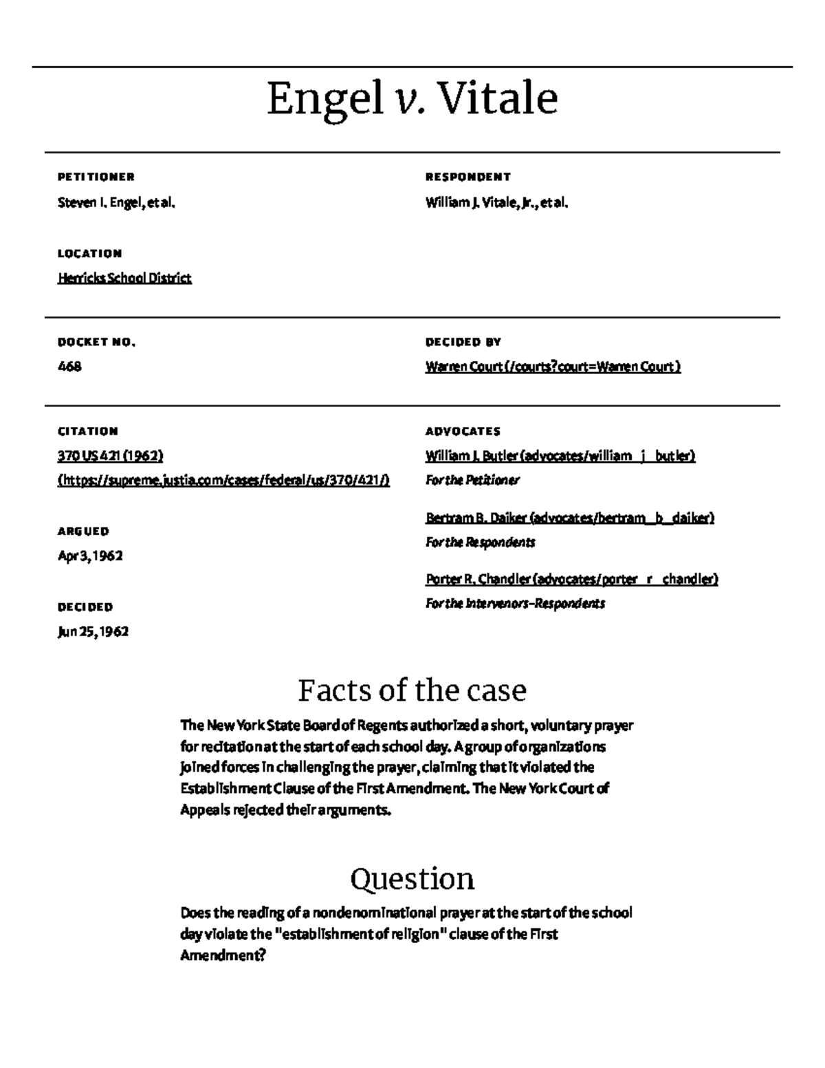 05. Engel v. Vitale Oyez - P E T I T I O N E R Steven I. Engel, et al ...