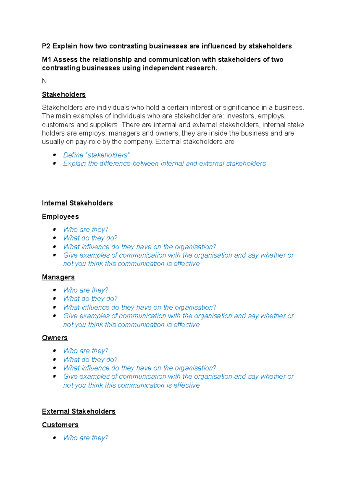 Stakeholders writing frame-2 - P2 Explain how two contrasting ...