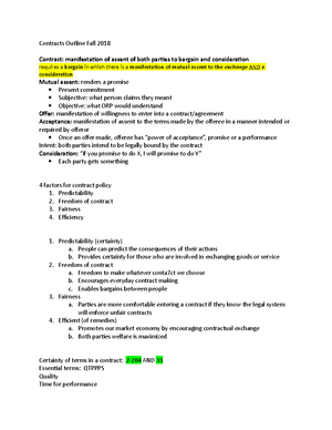 Contracts Outline Summary - Formation A. Mutual Assent 1. Offer a ...