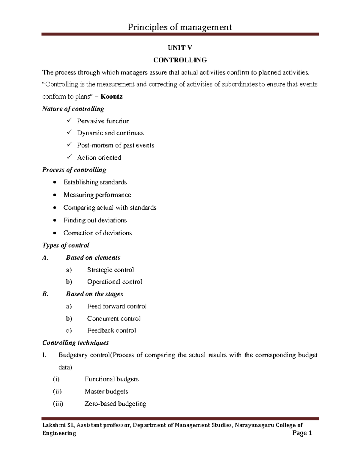 Unit 5 controlling principles of management - Lakshmi SL, Assistant ...