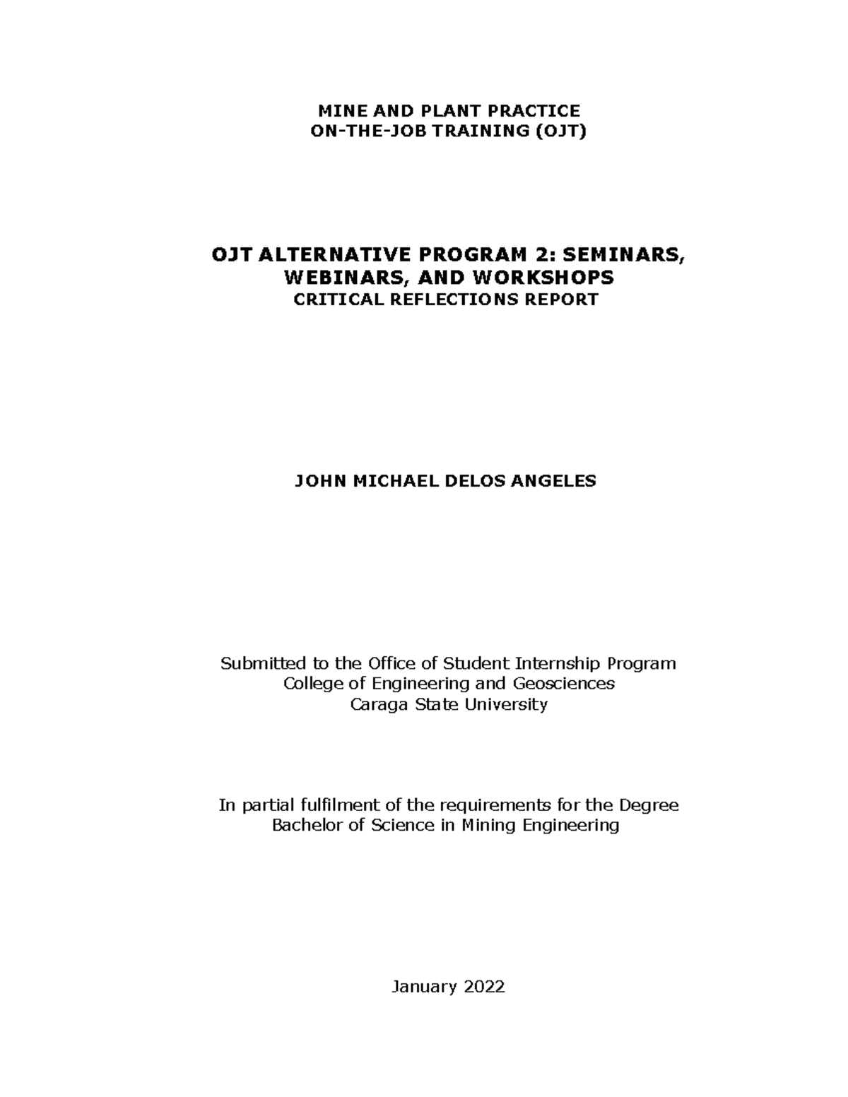 Delos Angeles Critical Reflection OJT Alternative 2 - MINE AND PLANT ...