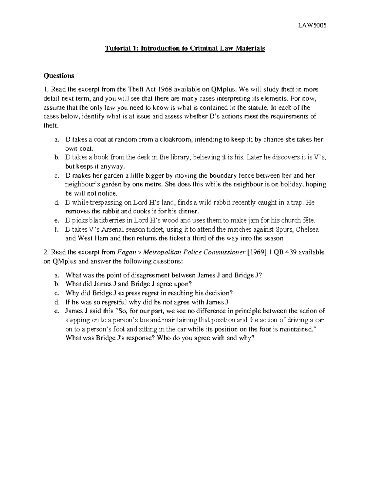 Criminal Law Tutorial 1 - LAW Tutorial 1: Introduction to Criminal Law ...