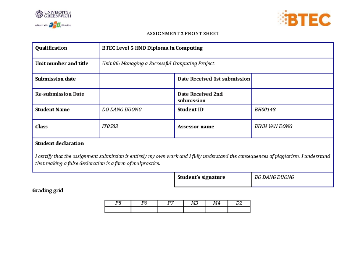 DO DANG Duong BH00148 MSCP ASM2-3 - ASSIGNMENT 2 FRONT SHEET Qualification BTEC Level 5 HND ...