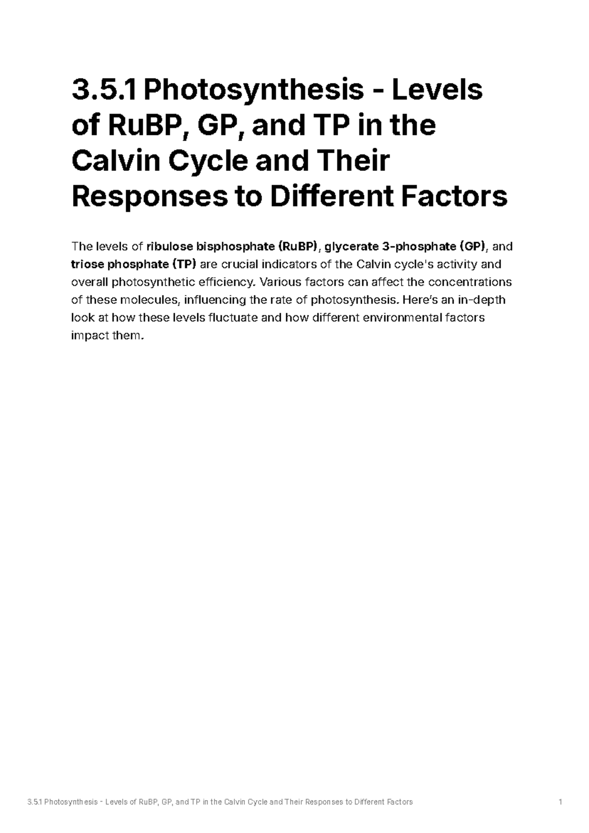 Levels of Ru BP, GP, and TP in the Calvin Cycle and Their Responses to ...
