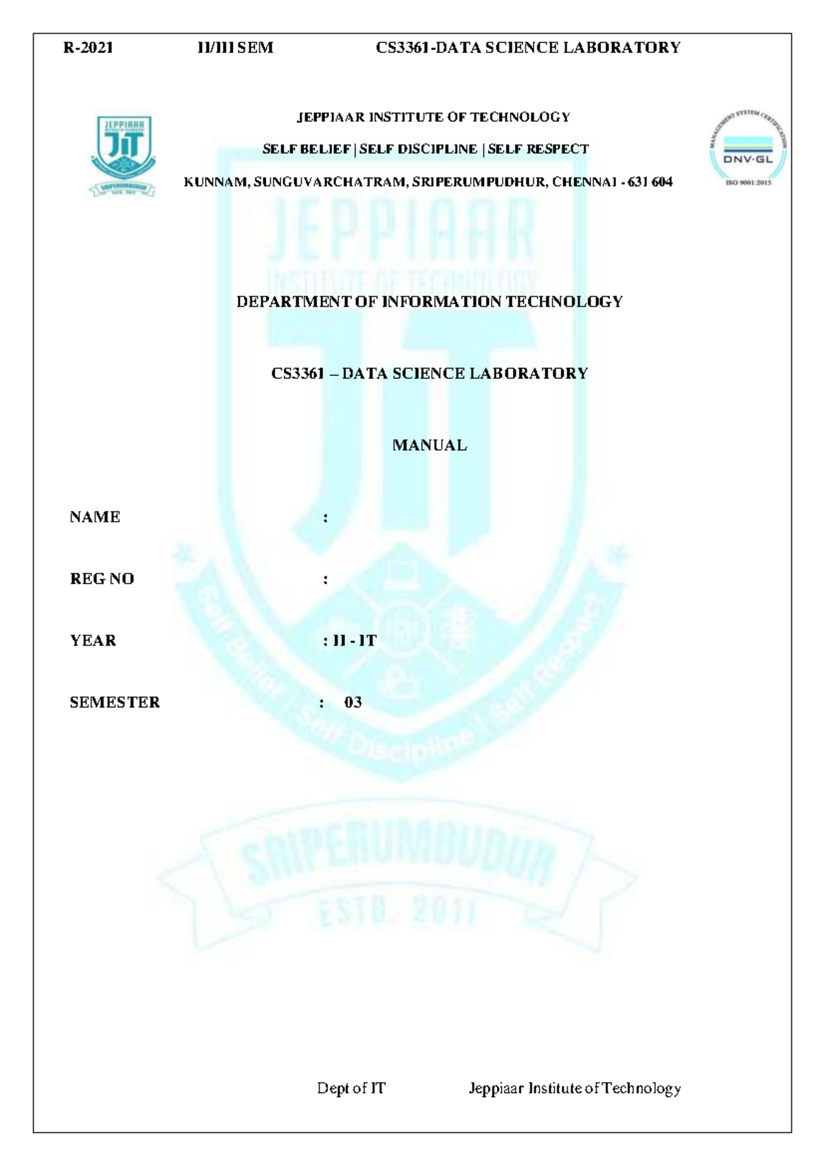 FDS Record - lab manual - JEPPIAAR INSTITUTE OF TECHNOLOGY SELF BELIEF ...