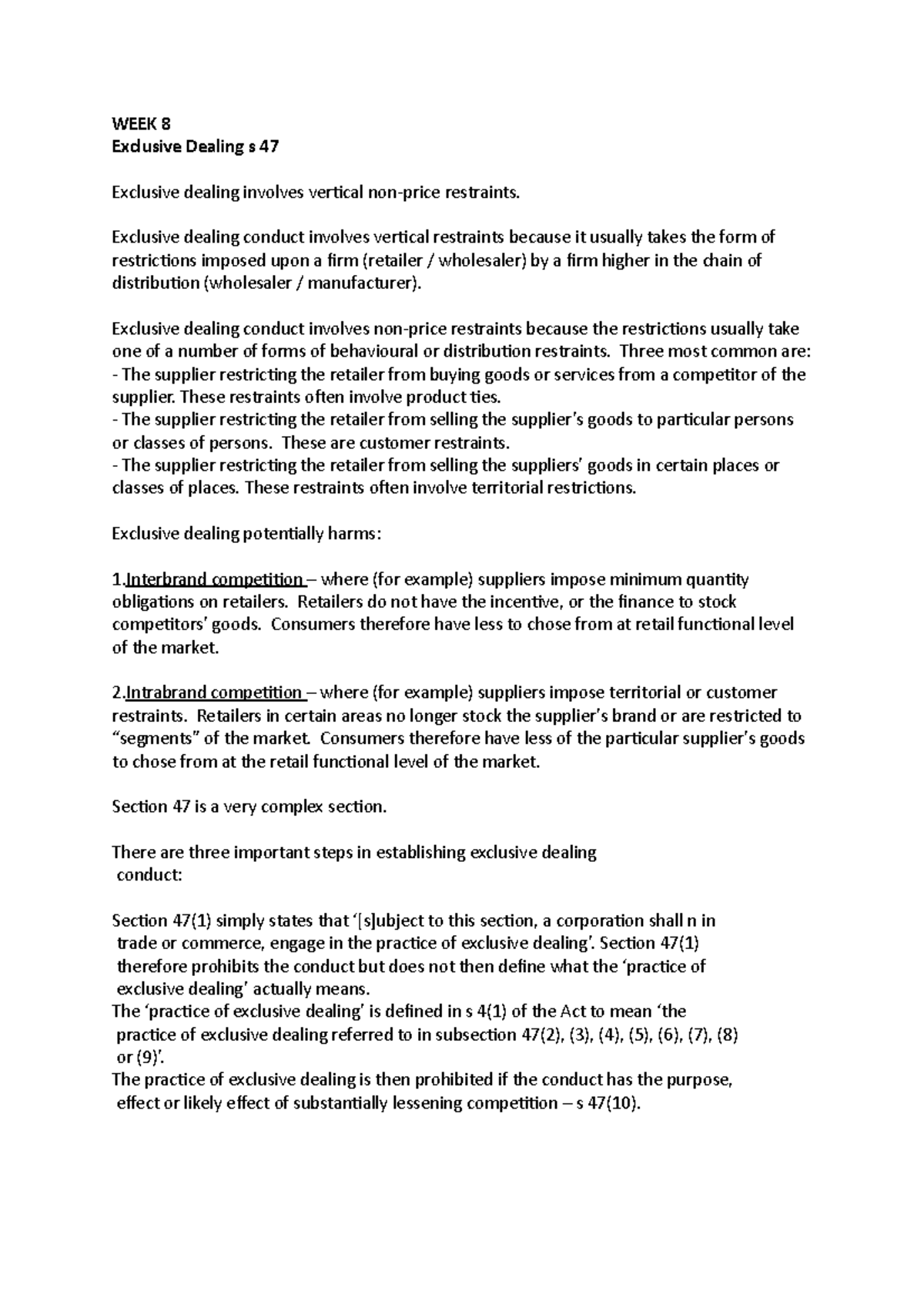 Competition Law Week 8 - WEEK 8 Exclusive Dealing s 47 Exclusive ...