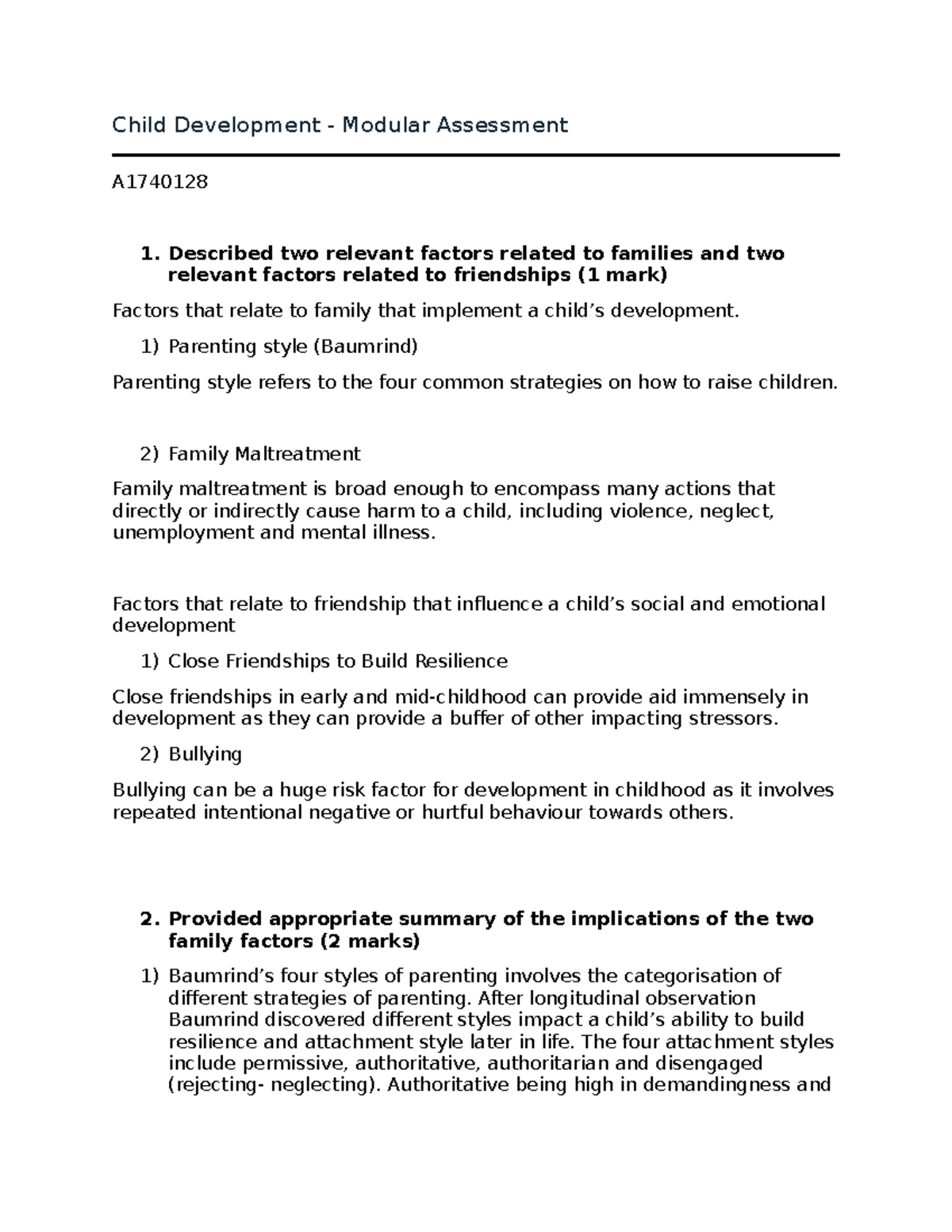 Child Development MAE - Child Development - Modular Assessment A 1 two ...