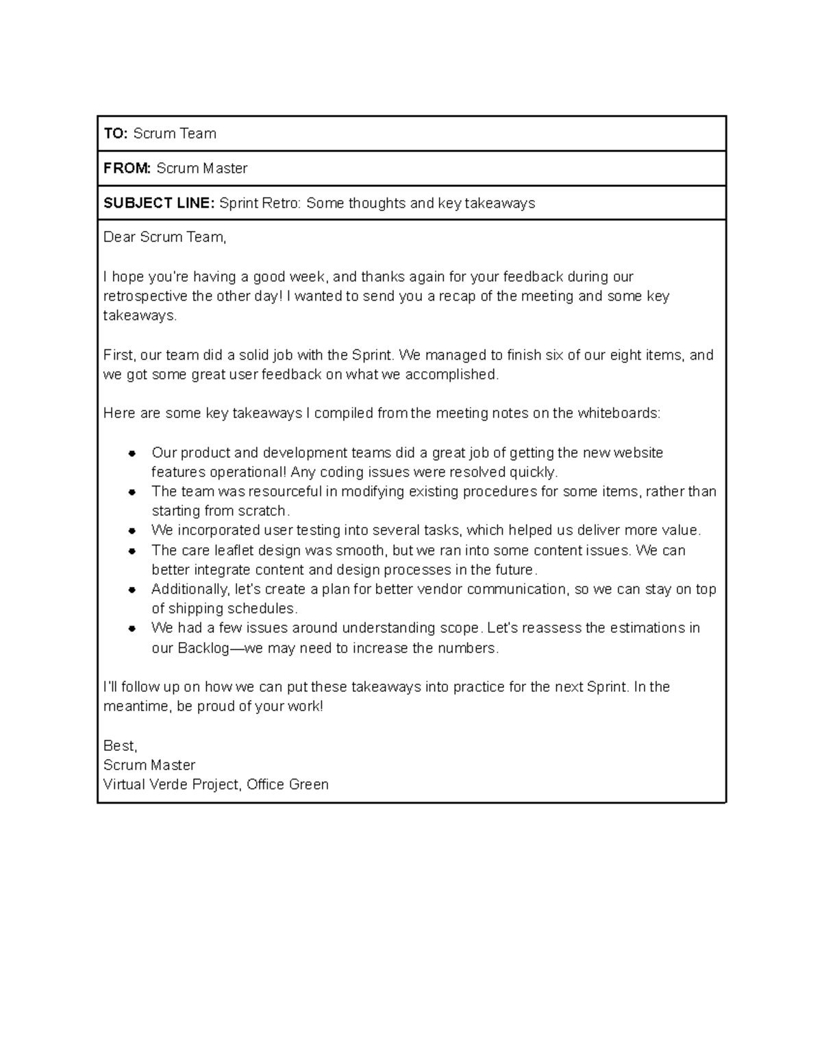 Activity Exemplar Sprint retrospective email - TO: Scrum Team FROM ...