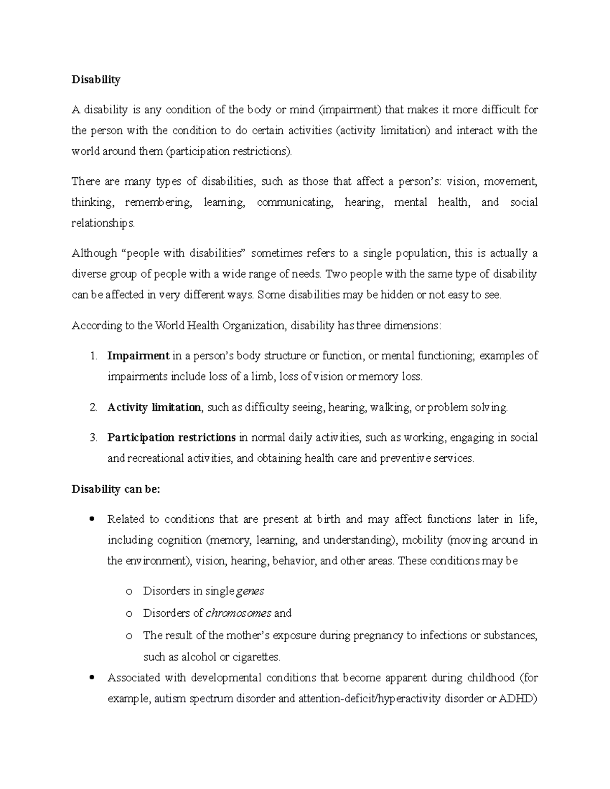 Disability-Doreen - notes - Disability A disability is any condition of ...