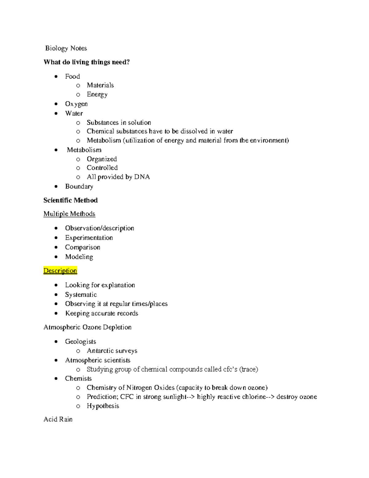 Biology 101 Notes - Biology Notes What do living things need? - Food o ...