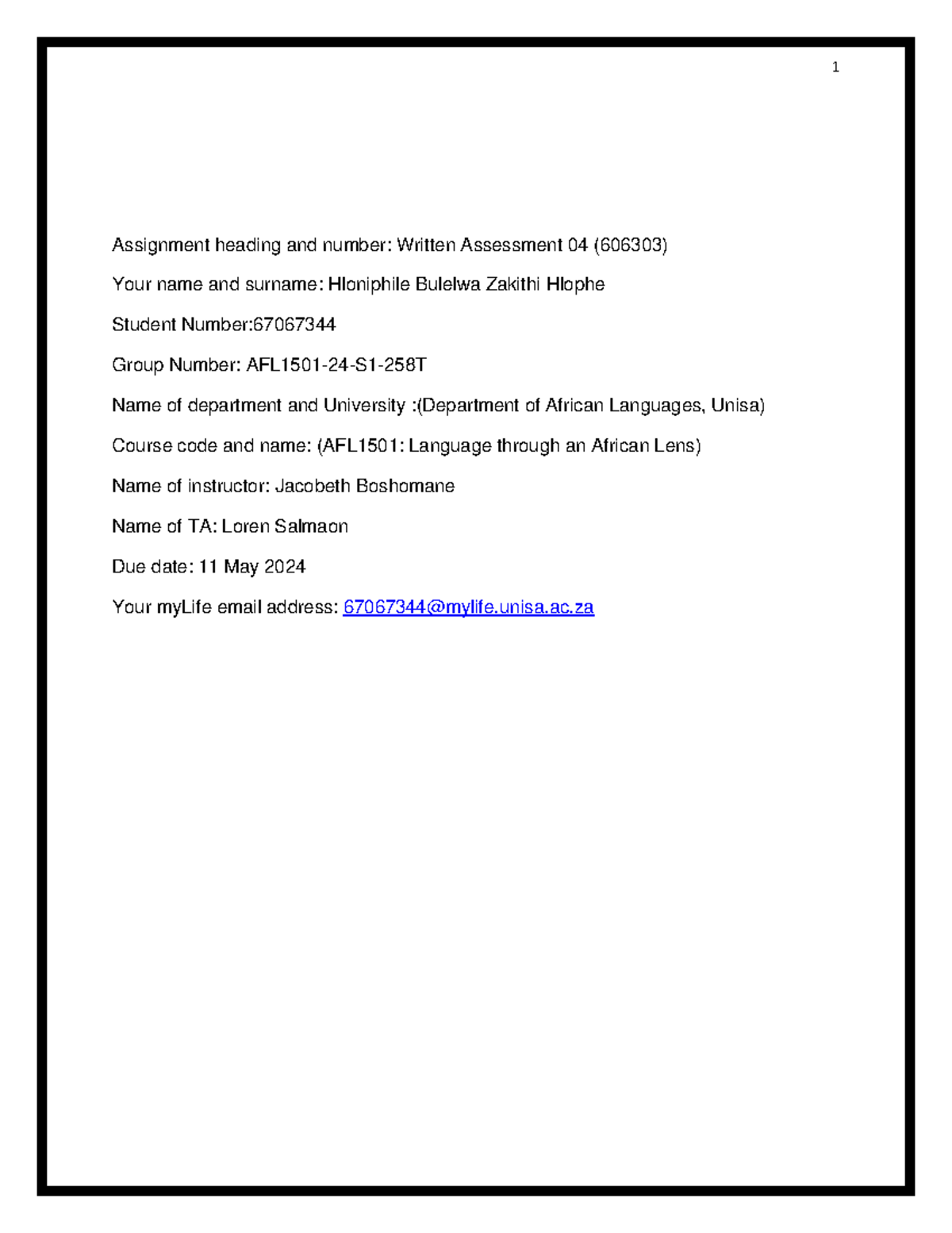 AFL1501 Assignment 4 - Assignment heading and number: Written Assessment 04 (606303) Your name ...