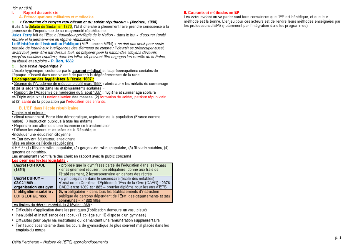 Synthèse 1815 - 1918 - p. 1 I. Rappel du contexte A. Préoccupations militaires et médicales a ...
