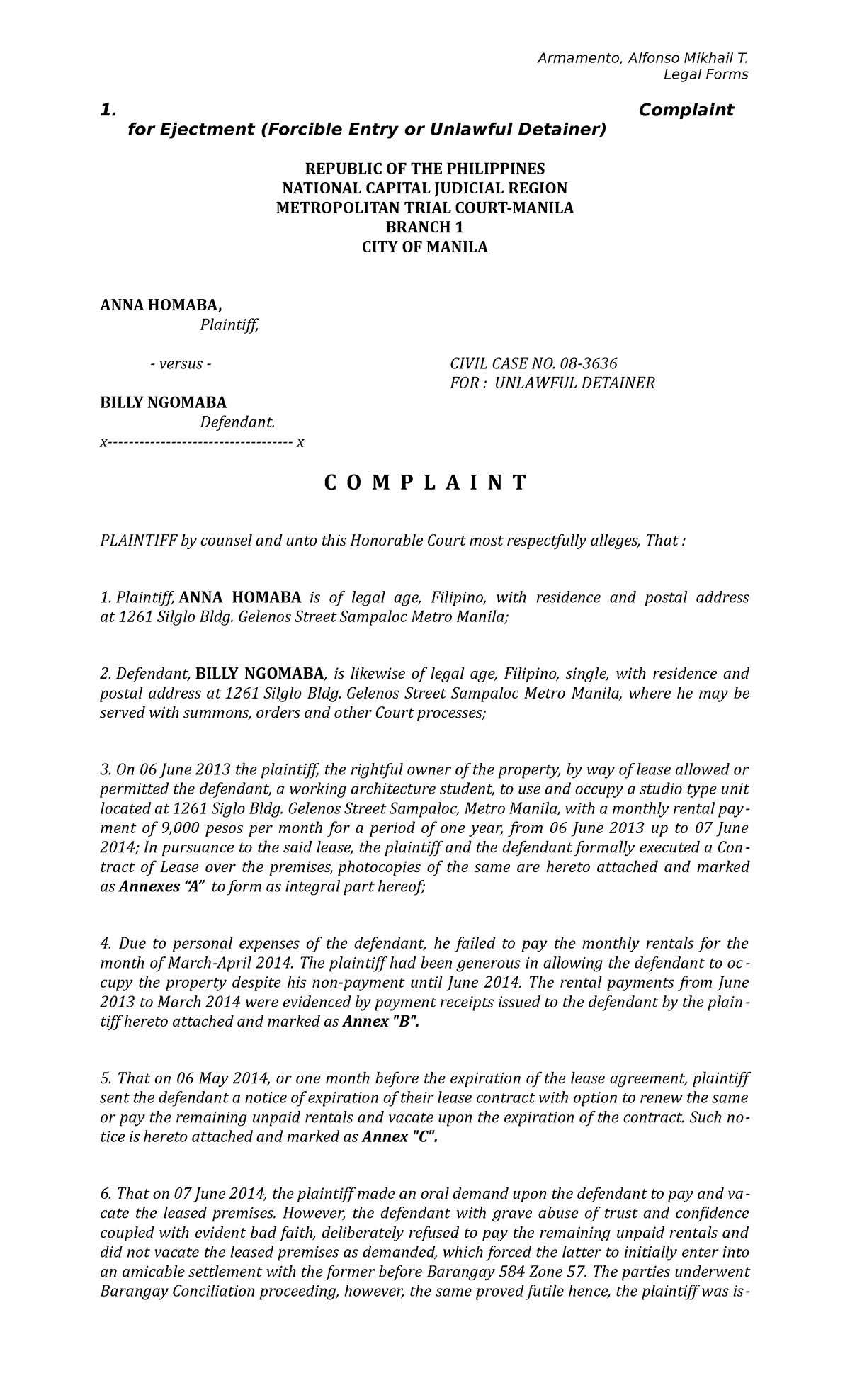 Bhiebhie - Atty. Paypal - Legal Forms 1. Complaint for Ejectment ...