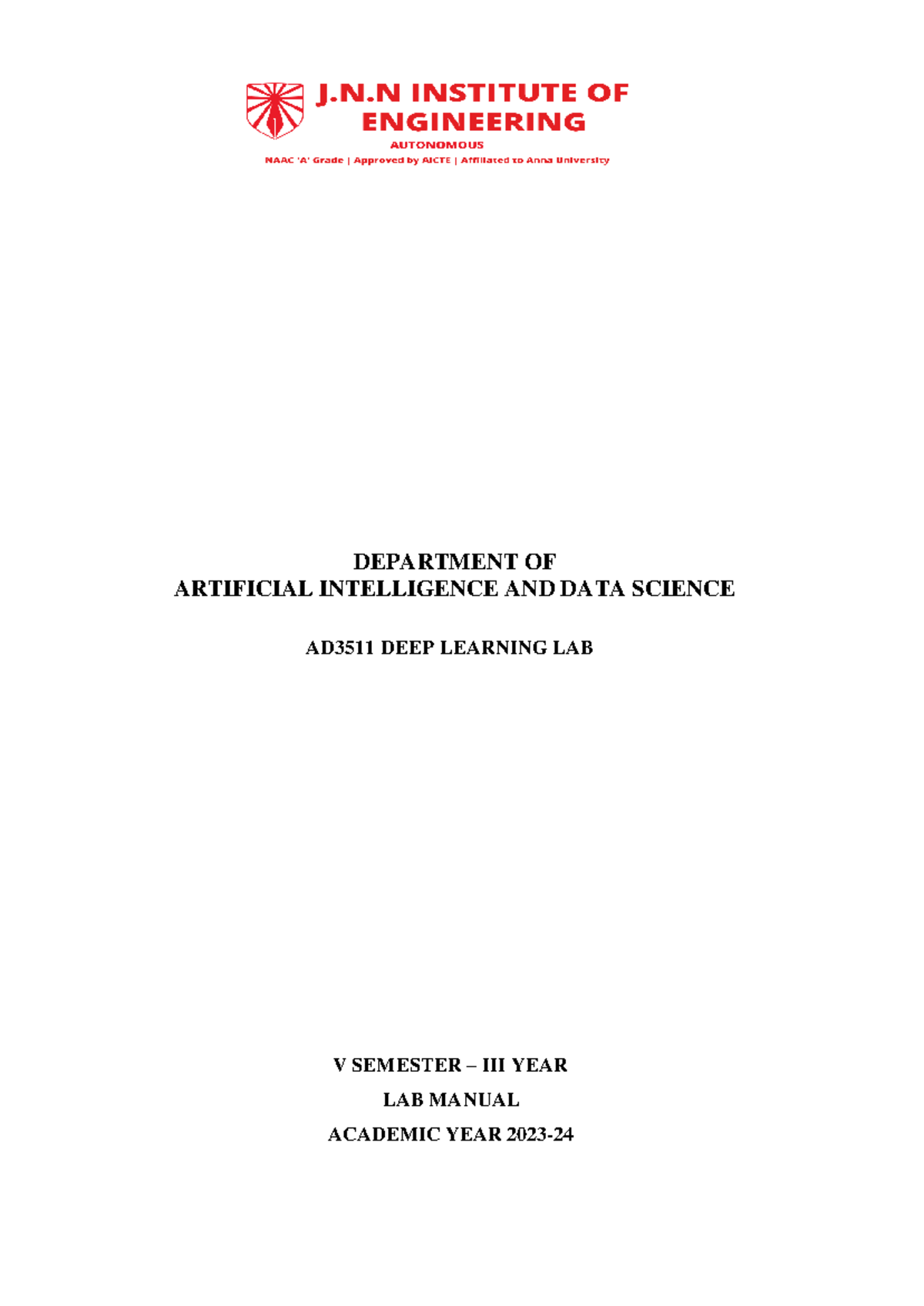 Ad3511 Deep Learning Lab Manual Iii Yearjnn Department Of Artificial Intelligence And