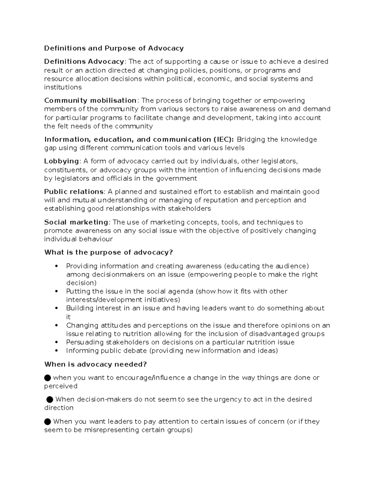 Advocacy notes - Definitions and Purpose of Advocacy Definitions ...
