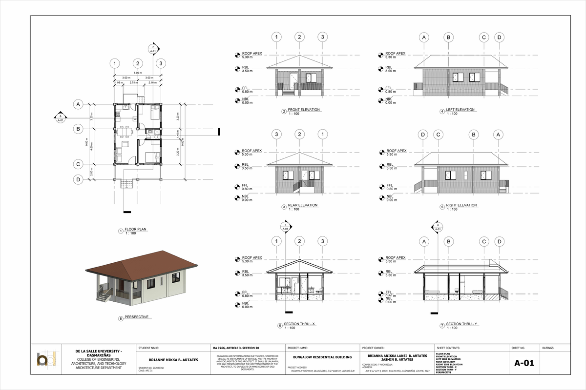 Revit assessment - NBL 0 m FFL 0 m RBL 3 m 1 NBL 0 m ROOF APEX 5 m 7 A ...