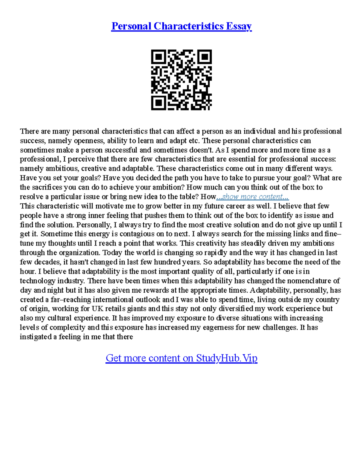 Personal Profile Essay - Personal Characteristics Essay There are many ...