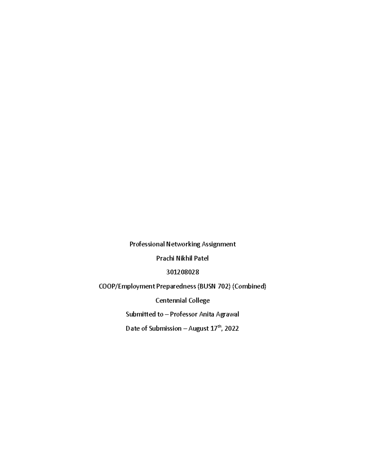 Professional Networking Assignment - 301208028 - Professional Networking Assignment Prachi ...